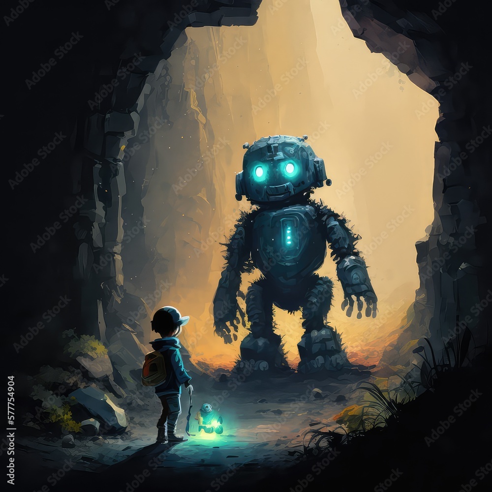 Fantasy book cover. Children`s book cover. A young boy and his robot ...