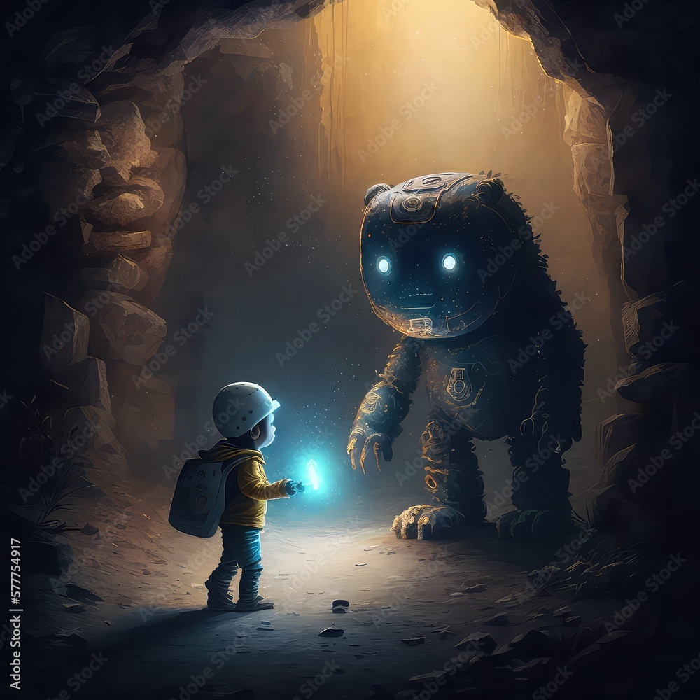 Fantasy book cover. Children`s book cover. A young boy and his robot ...