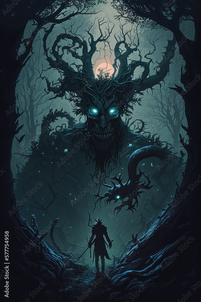Fantasy book cover. Children`s book cover. A dark, twisted forest, with ...