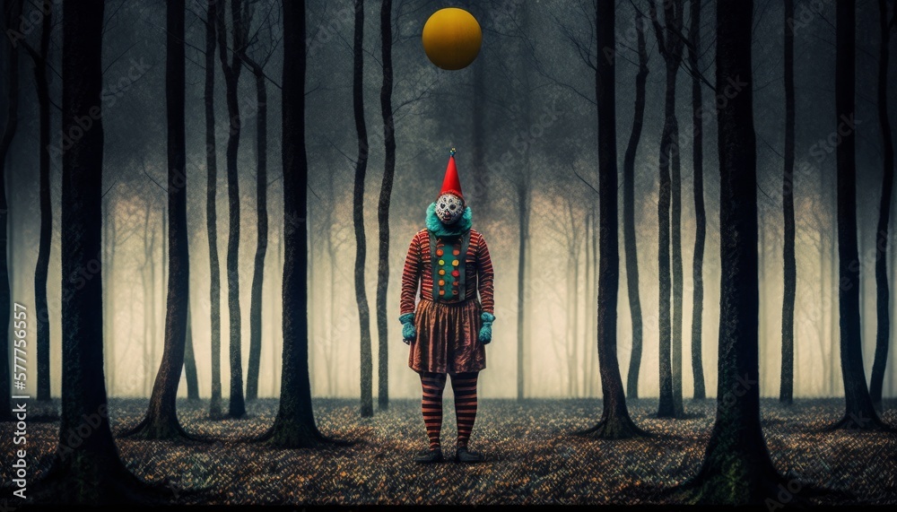 Funny clown in a dark forest with a yellow ball in his hand. Generative ...