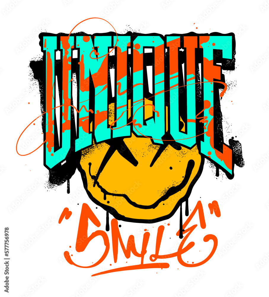 Unique Smile slogan with happy face emoji in graffiti street art style ...