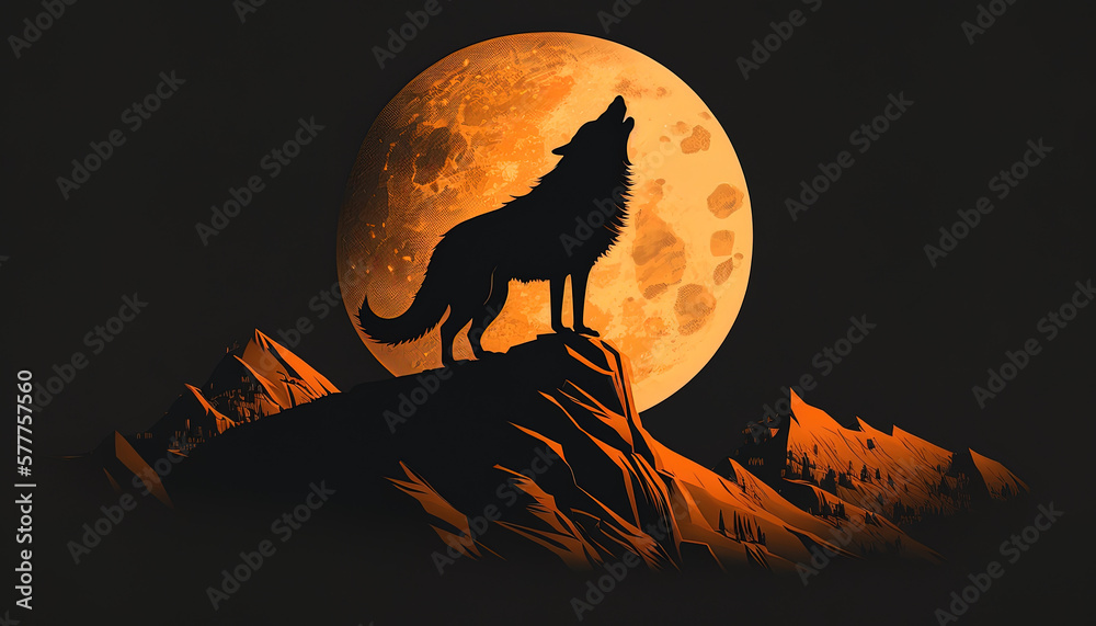 Wolf howling silhouette on the cliff with the moon in background ...