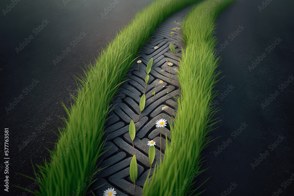 Green car tire track. Close up of the tread pattern of a car tire on a ...