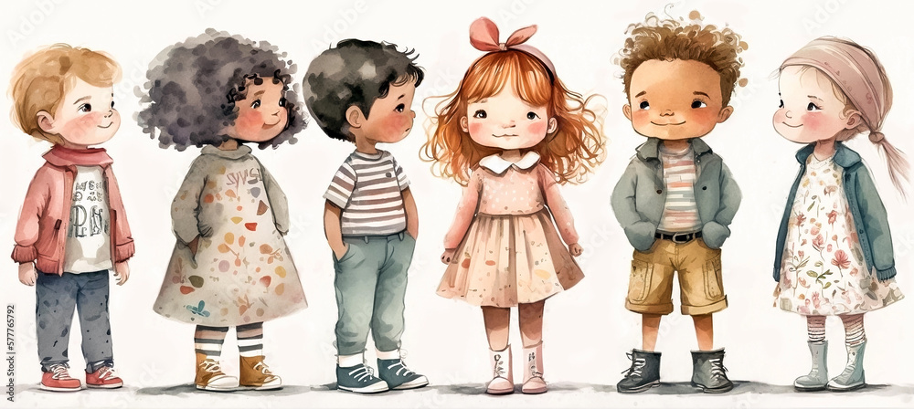 Children of different nationalities in spring clothes standing in a row ...