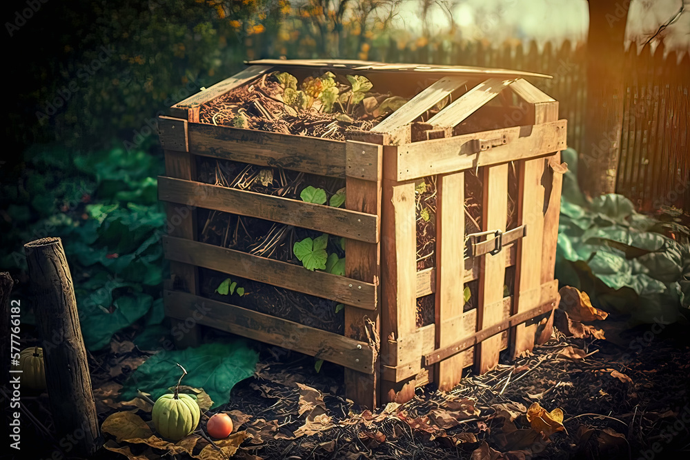 Homemade wooden compost bin in the garden. Recycling organic ...