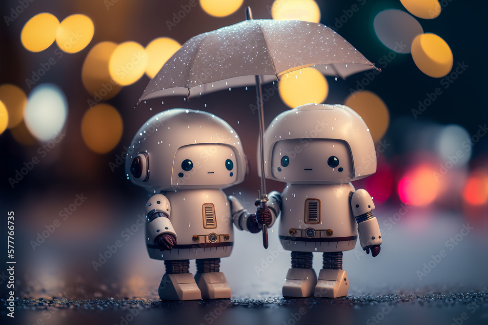 A couple of small robots share an umbrella, symbolizing the love and ...