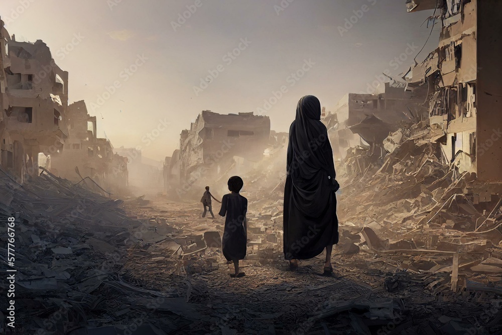 Digital concept art featuring a child overlooking the aftermath of ...