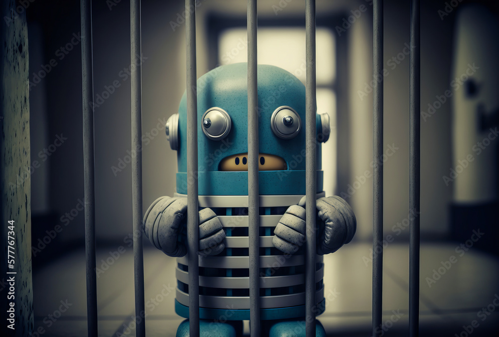 Sad robot imprisoned behind bars in his cell, questioning whether ...