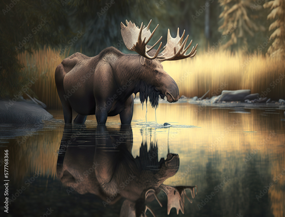 moose inside a river a majestic one drinking water, bull moose standing ...