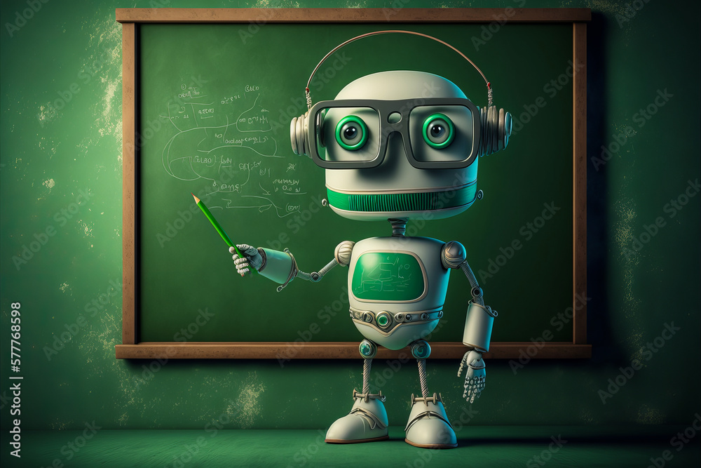 Robot professor in front of a green school board giving instructions to ...