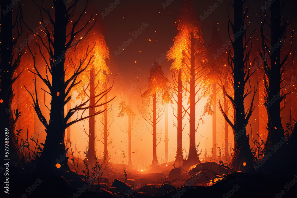 Wildfire, forest burning, 4k digital painting. Illustration of trees that burn. Wild flames ...