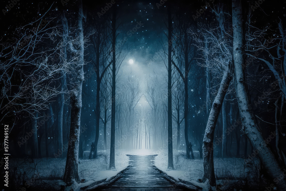 Dark abstract winter forest background. Wooden floor, snow, fog. Dark ...