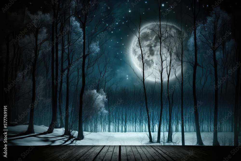 Dark abstract winter forest background. Wooden floor, snow, fog. Dark ...