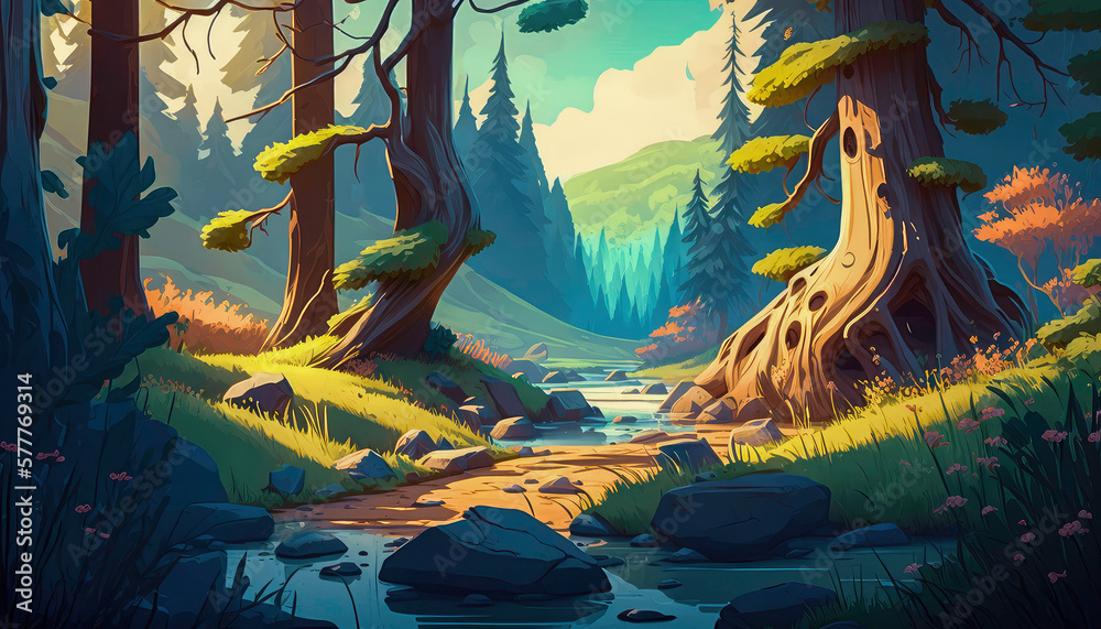 Fantasy Cartoon Forest Landscape Background With Night Sky and Stars ...