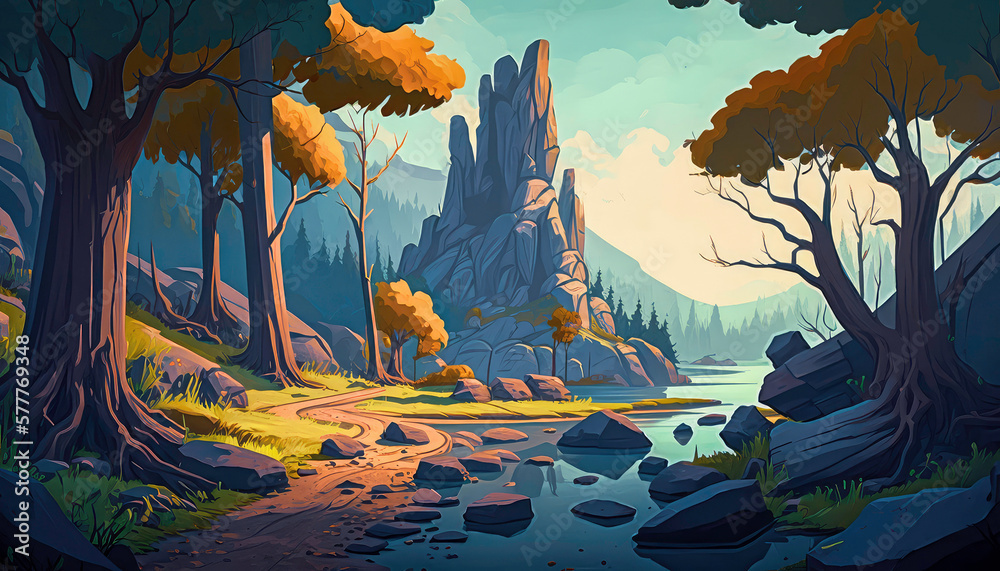 Fantasy Cartoon Forest Landscape Background With Night Sky and Stars ...