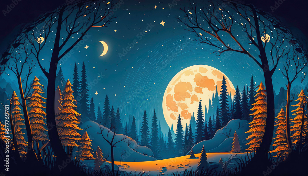 Fantasy Cartoon Forest Landscape Background With Night Sky and Stars ...