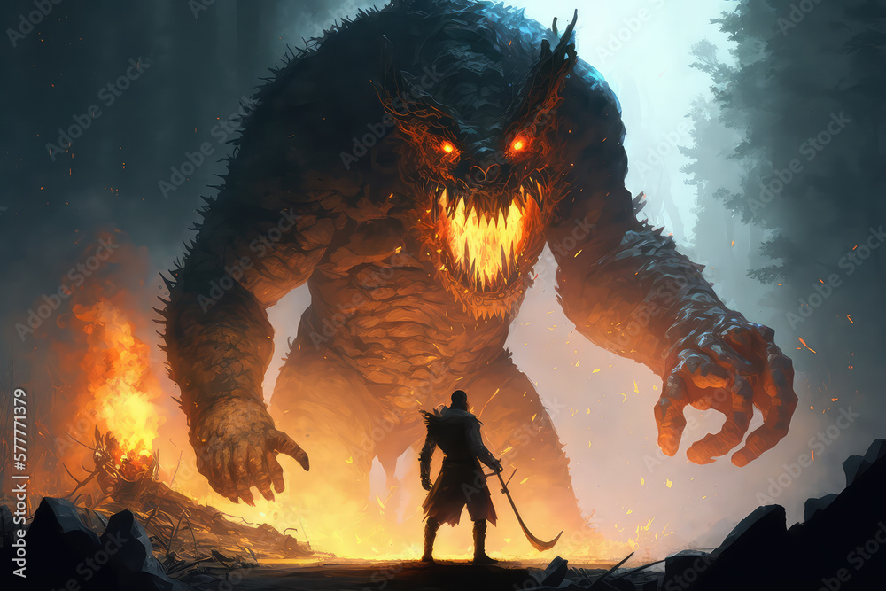 illustration painting of a man with a flamethrower fighting with a ...