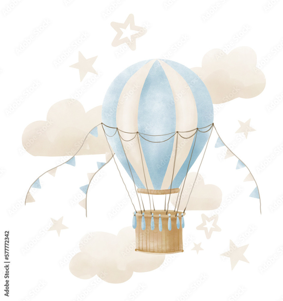Hot Air Balloon with stars and clouds. Watercolor hand drawn illustration for Baby design in ...
