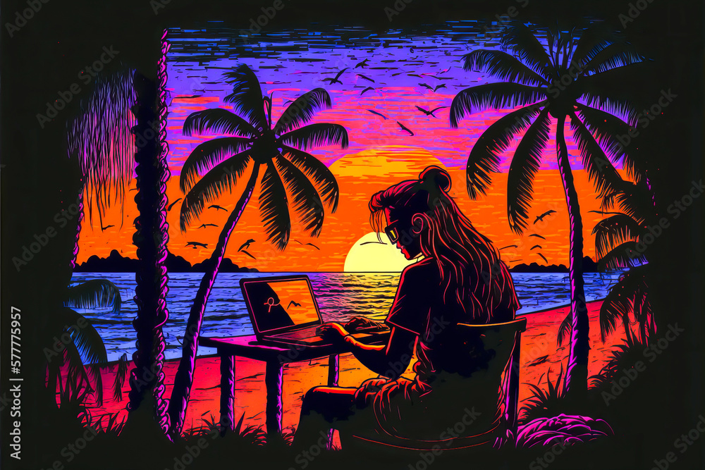 Telecommuting in a paradisiacal place and memorable sunset. A picture ...