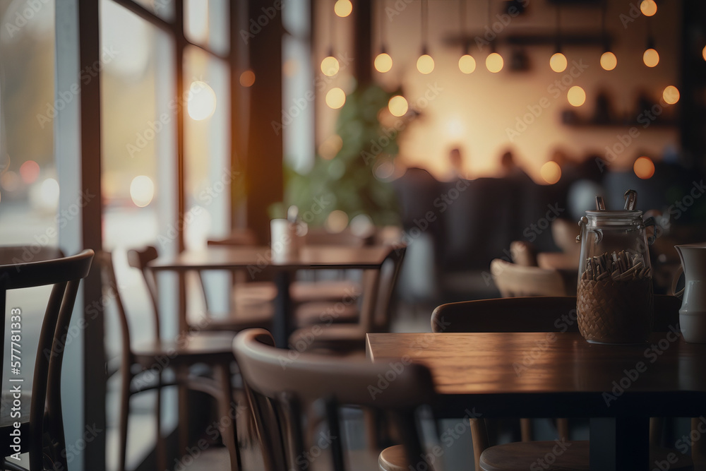Blurred coffee shop interior with cozy and warm ambiance, featuring a ...