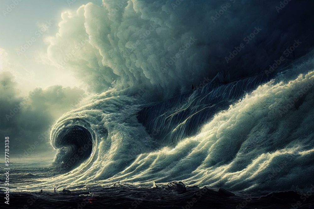 Huge tsunami destroying a city, big wave, apocalyptic scene, art ...