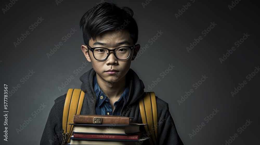 School years. Portrait of an Asian schoolboy holding a stack of ...