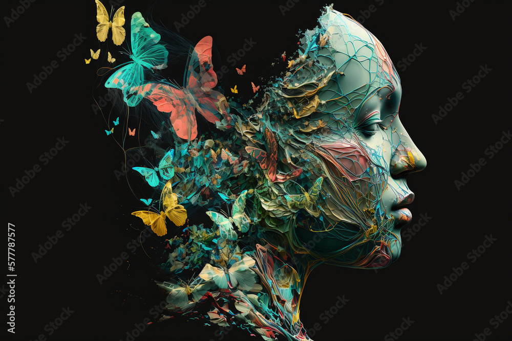 Digital concept art of human echo face created by wires, butterflies ...