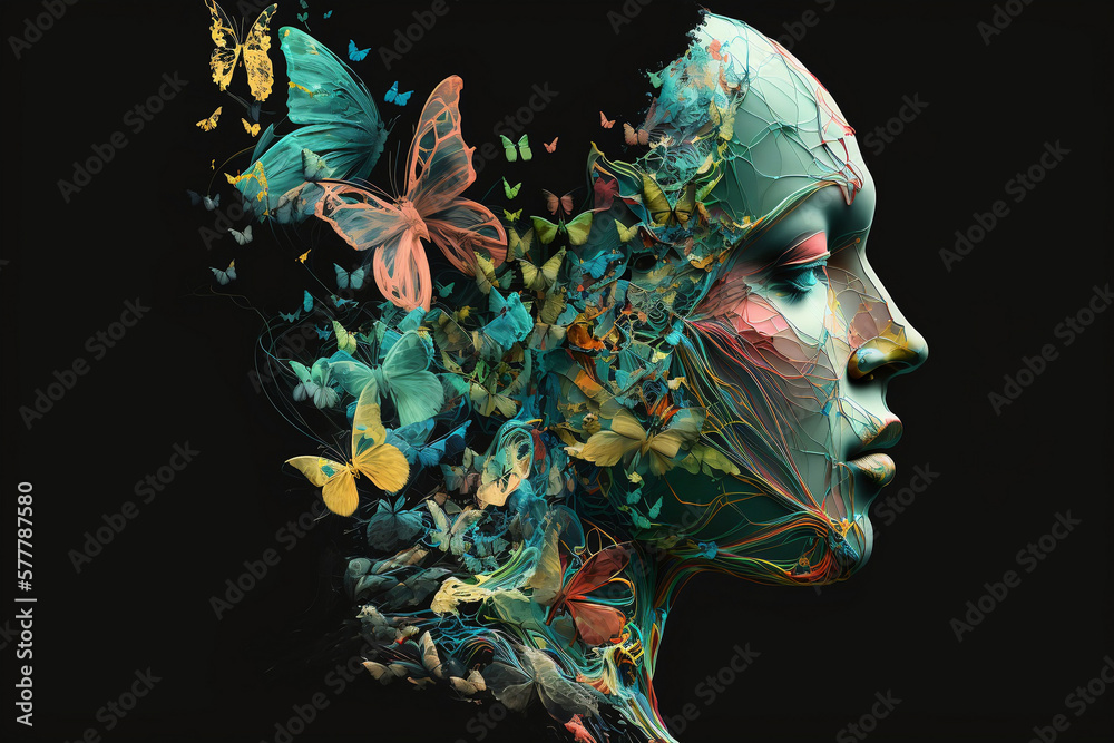 Digital concept art of human echo face created by wires, butterflies ...
