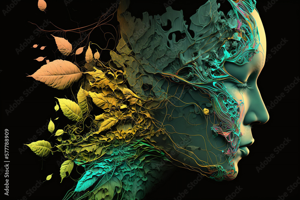 Digital concept art of human echo face created by wires, butterflies ...