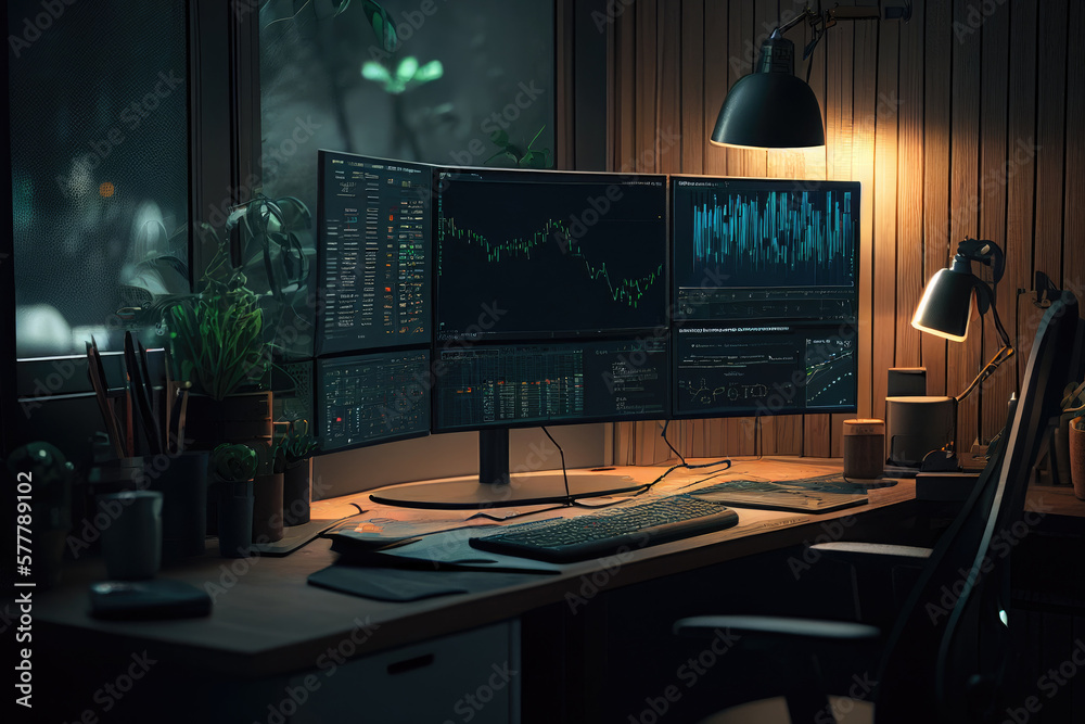 Trader workplace. Computer monitor with stock market charts on screen ...