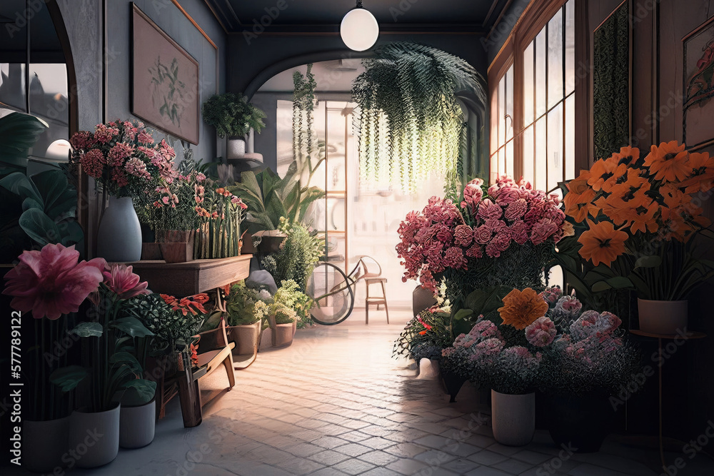 Flower shop interior. Flowers bouquets in beautiful stylish room with ...