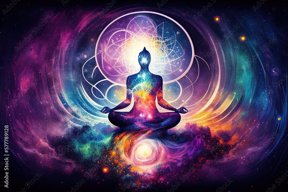 Astral body silhouette in lotus pose practicing yoga against cosmic ...