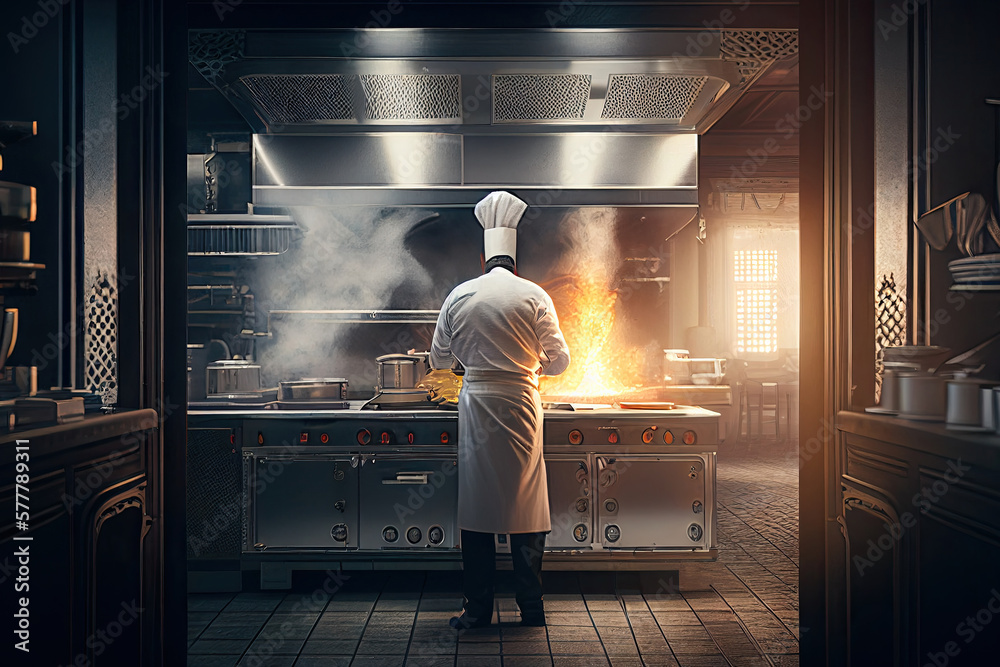 ภาพประกอบสต็อก Chef cooking in restaurant kitchen interior. Back view ...