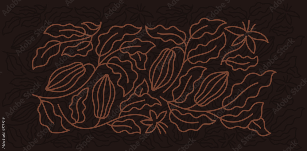Cocoa background. Chocolate pack design element. Floral ornament. Beans ...