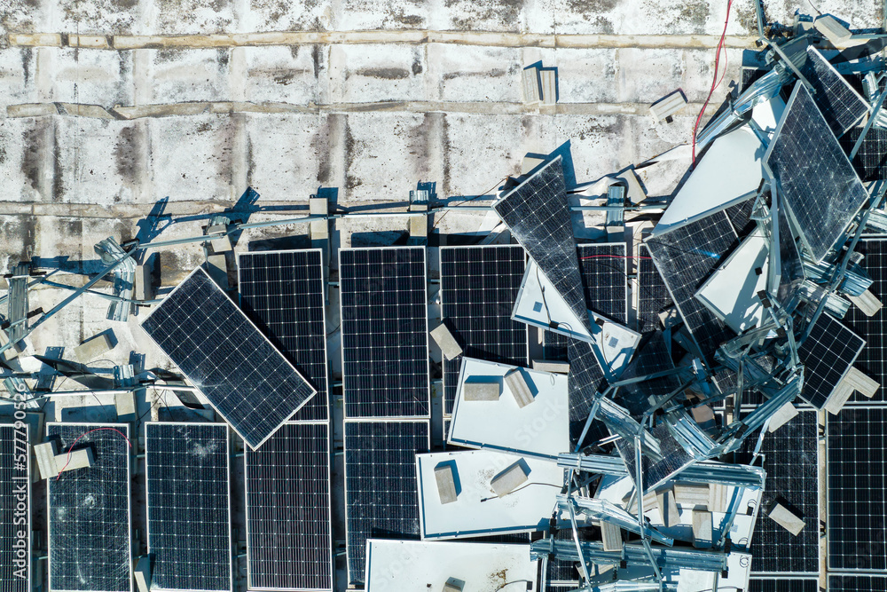 Broken down photovoltaic solar panels destroyed by hurricane Ian winds ...