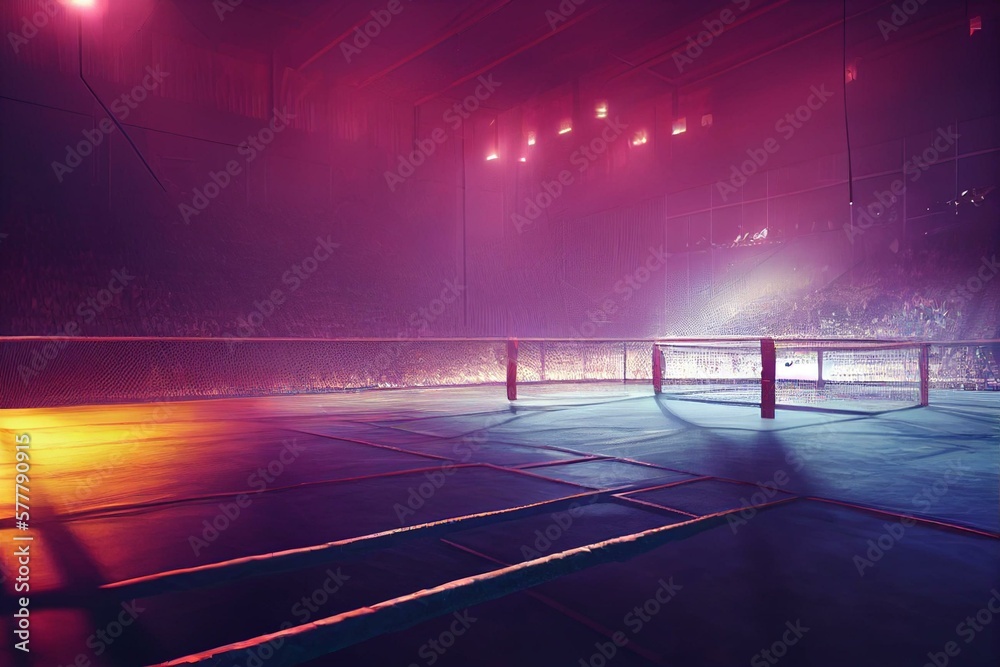 Cage fight arena . Interior view of fighting arena with fans and ...