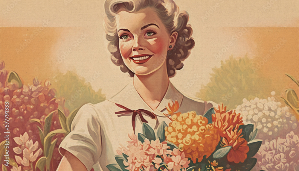 Paper textured 1950s vintage style illustration of a joyful young woman ...