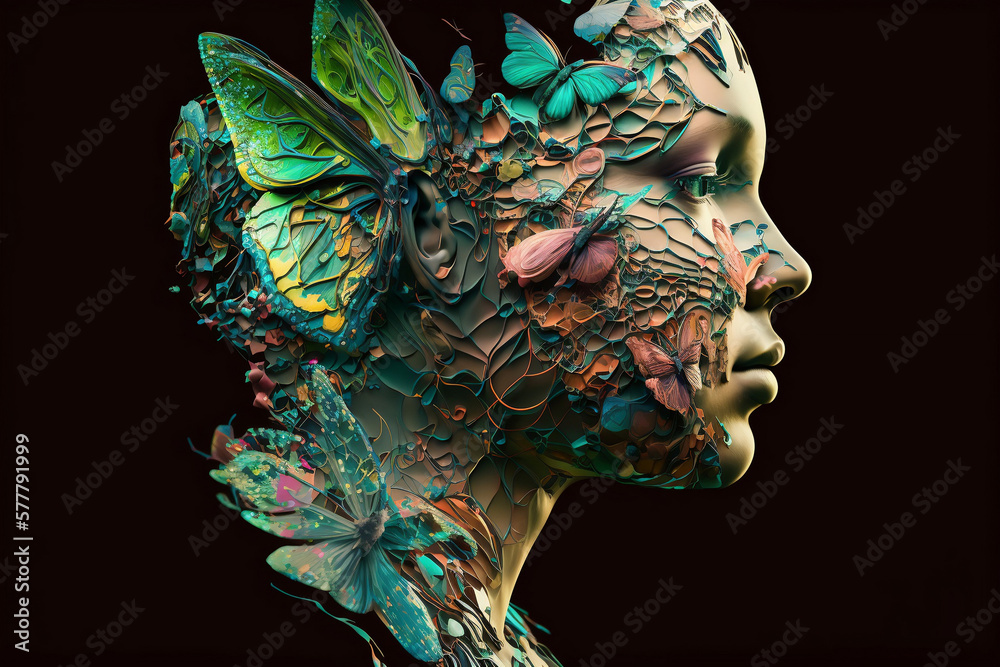 Digital concept art of human echo face created by wires, butterflies ...