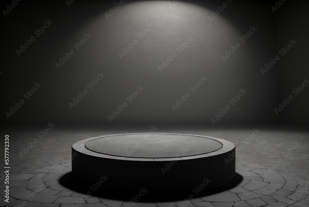 empty stone podium with rock around, black background, pedestal for ...