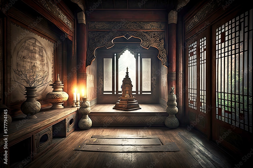 religion prayer room in buddhist old temple, created with generative ai ...