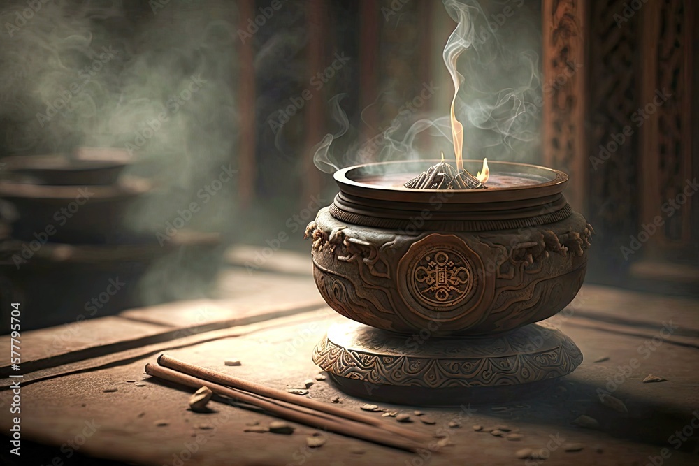 incense table with burning incense smoke in buddhist old temple ...