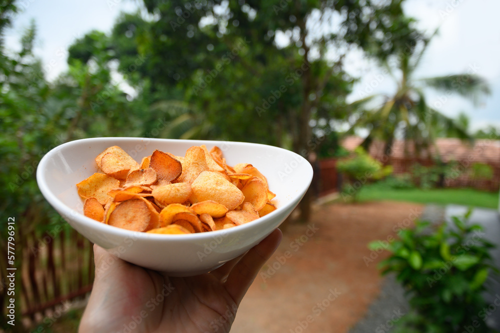 Organic Cassava chips in bowl in hand against tropical landscape ...