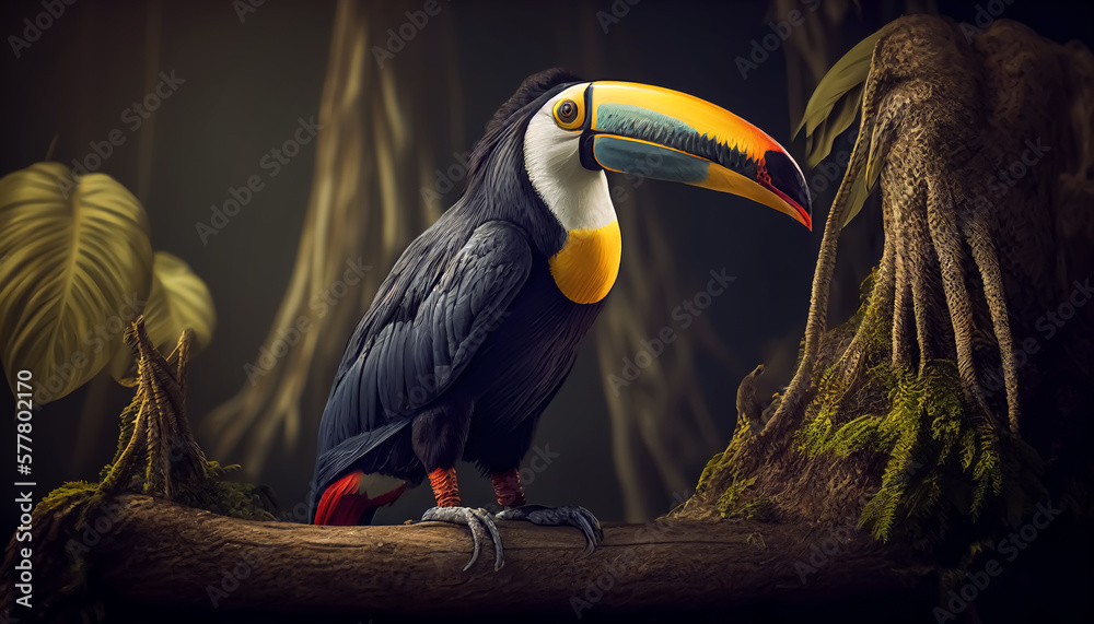 TUCAN SOBRE UNA RAMA EN EL BOSQUE. ILUSTRACION. COLOR. IA GENERATIVA ...