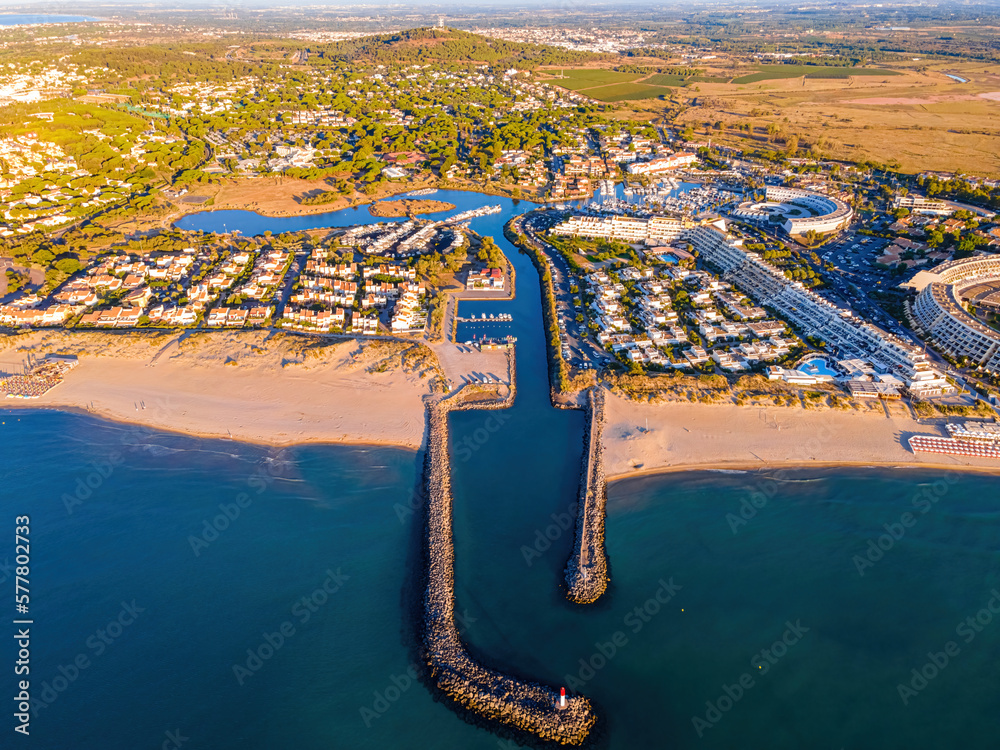 Aerial view of Cap d'Agde a seaside resort and naturist village on ...