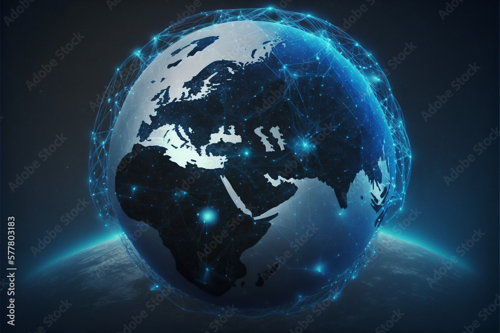 Earth Communications network map of the world. Dark blue background map ...