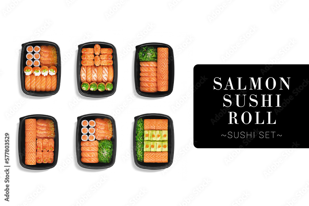 Collage set of salmon sushi roll pieces in delivery box packages ...