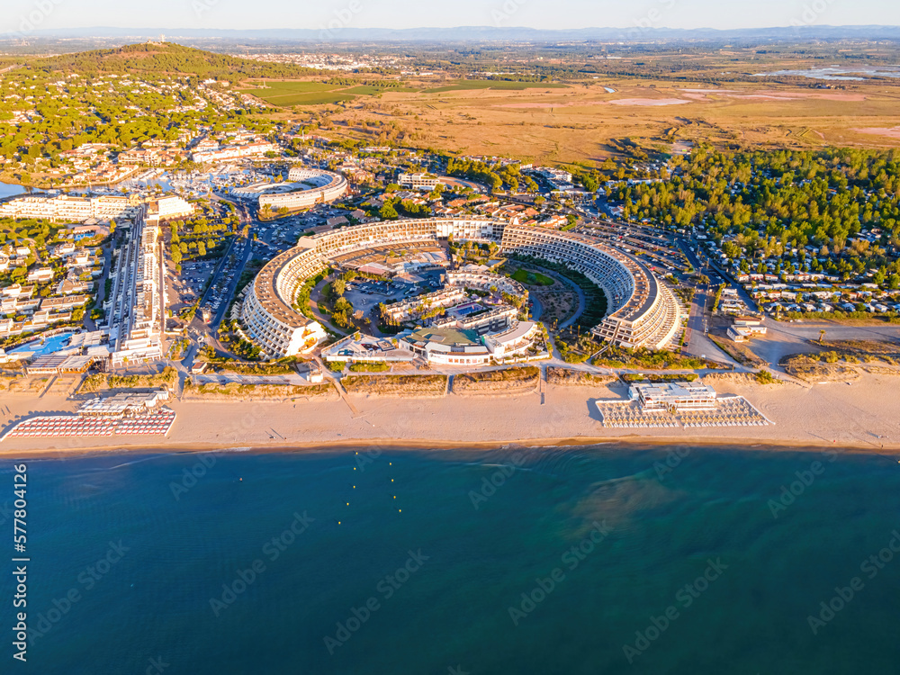 Aerial view of Cap d'Agde a seaside resort and naturist village on ...