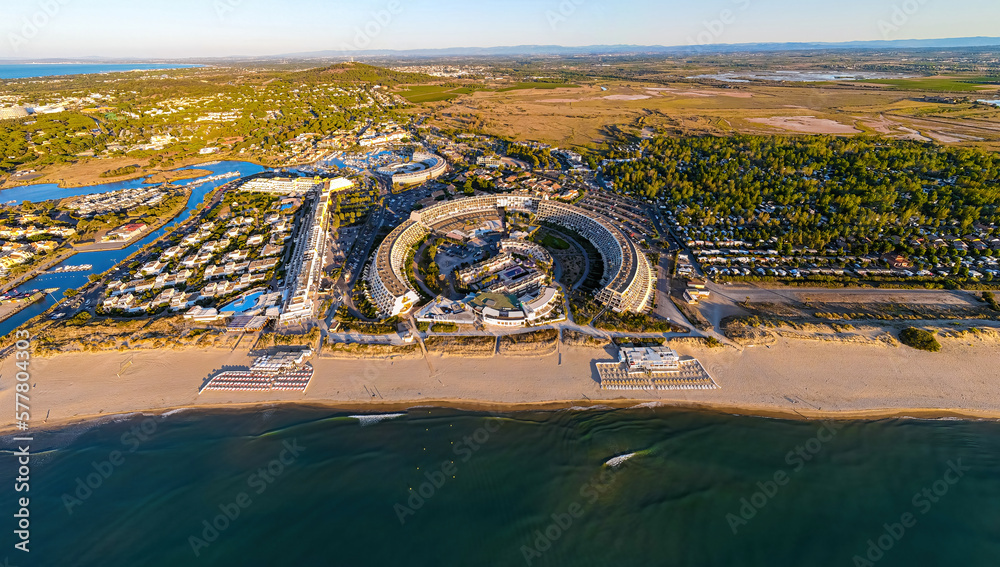 Aerial view of Cap d'Agde a seaside resort and naturist village on ...