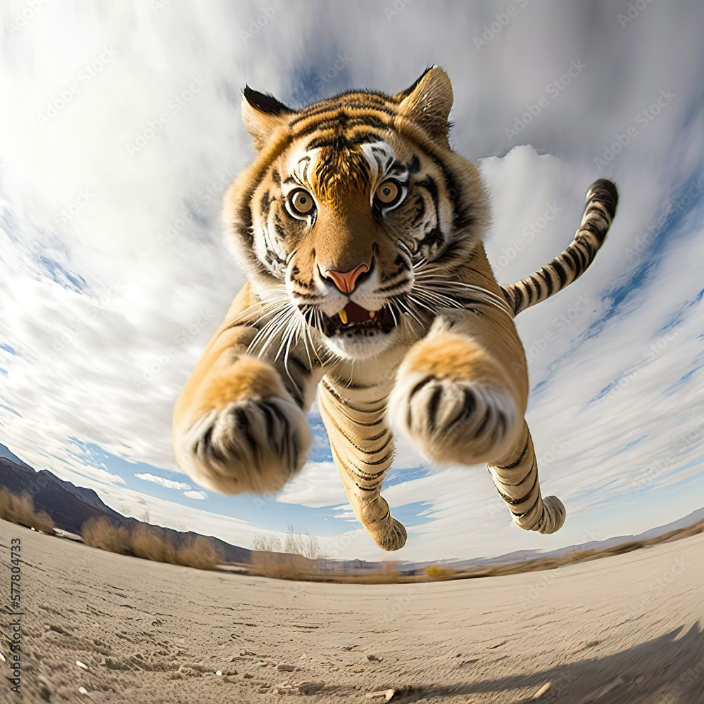 tiger jump shot on go pro camera , africa safari trip Иллюстрация Stock ...