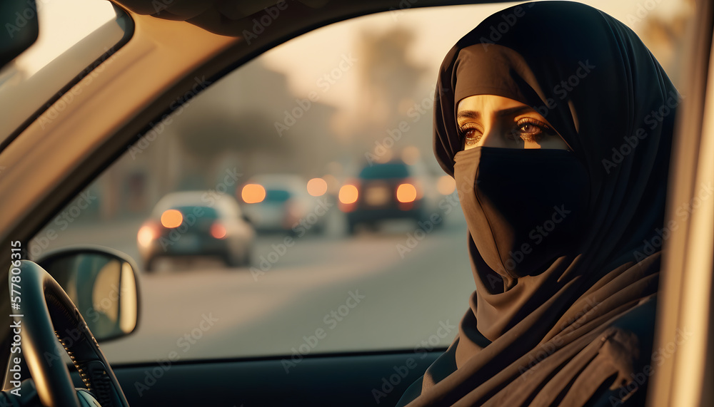 Portrait Muslim women driving car. Arabic Islam female is driver. AI ...